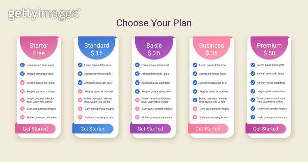 Price table template with 5 columns. Pricing data grid. Vector ...