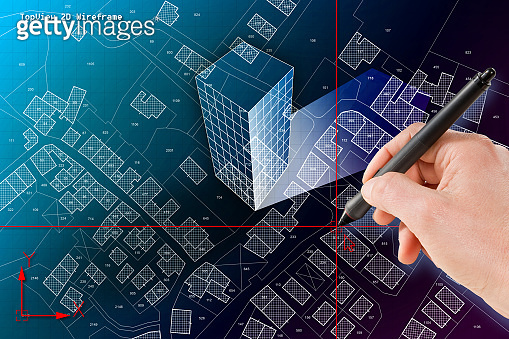 Imaginary cadastral map of territory with building in the center - land ...