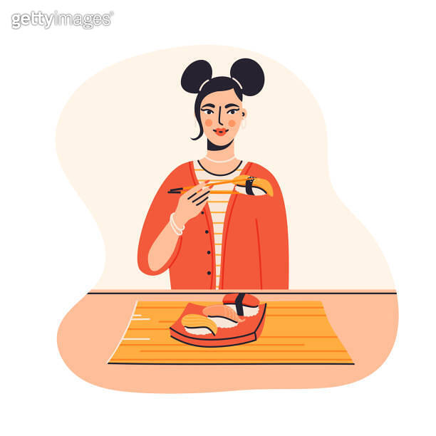 Cute female character eating sushi in restaurant flat cartoon ...