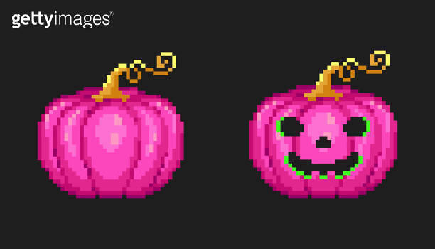 Pixel art pink cute jack lantern pumpkin. (1340563780) - 게티이미지뱅크