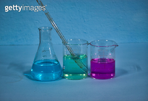 Color solution in chemistry laboratory. Chemistry Lab apparatus with ...