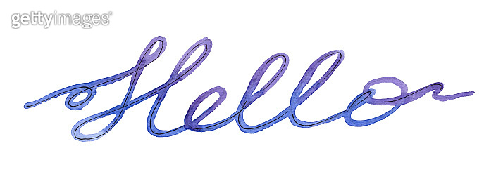 Blue watercolor line art drawing of a Hello word on white background ...