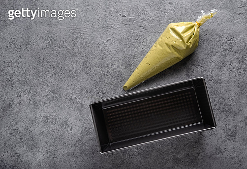 Matcha bread step by step cooking process. Top view. Dark concrete ...