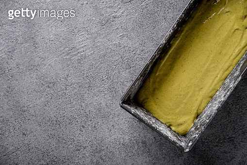 Matcha bread step by step cooking process. Top view. Dark concrete ...