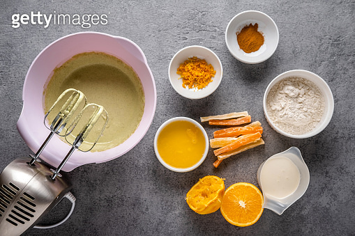 Matcha bread step by step cooking process. Top view. Dark concrete ...