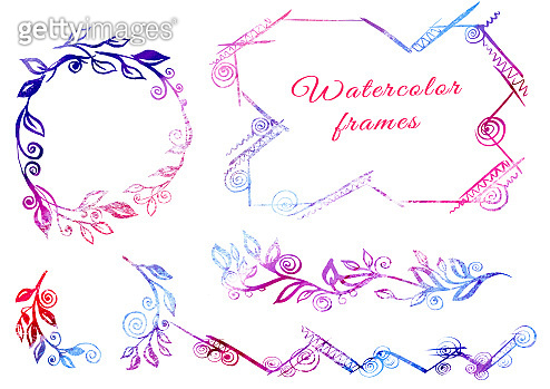 Watercolor vintage Frames freehand drawing. Set purple, red, blue and ...