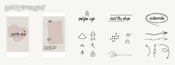 swipe up, subscribe, visit shop hand drawn vector icons for scrolling button. Instagram social ...