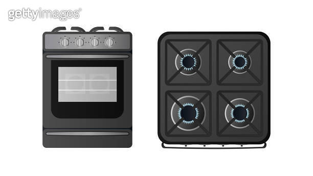 Black kitchen stove with top view. Included gas stove. Modern oven for ...