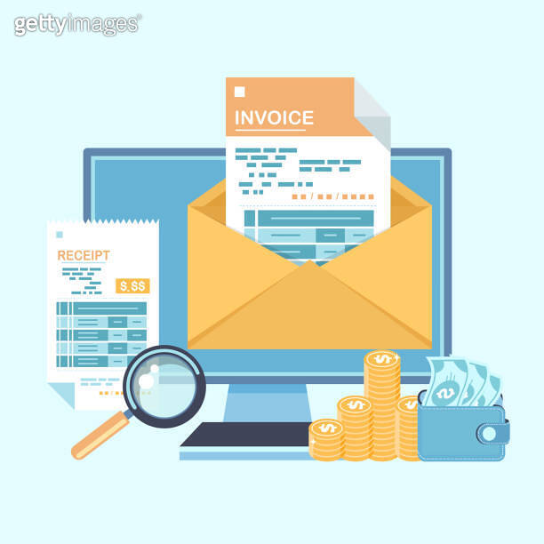 Invoice in an open envelope. Payment and invoicing, business or ...