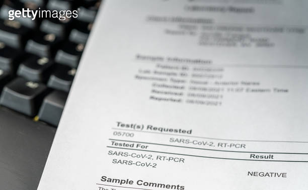 Printout showing result of PCR test for Covid-19 as negative 이미지 ...
