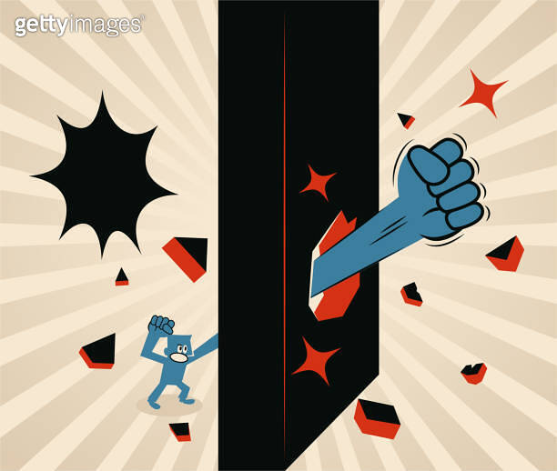 One businessman punching and breaking through a wall with his powerful ...