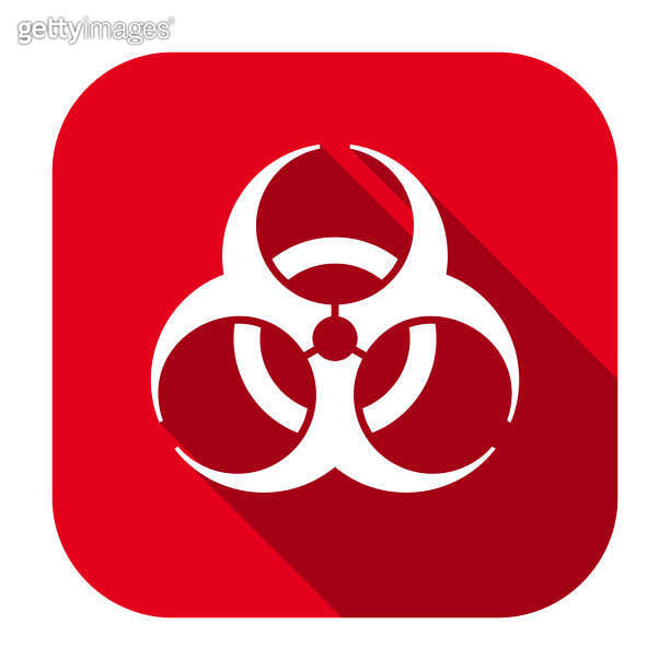 Red flat rounded square biological hazard icon, button with long shadow ...