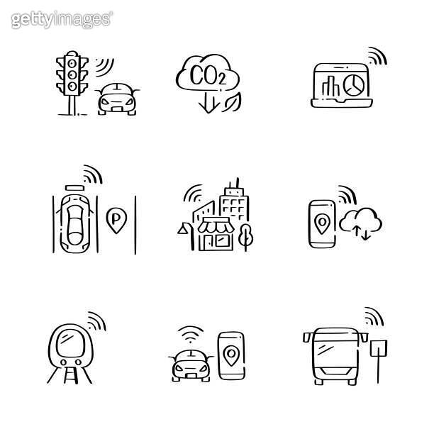 Smart city icons set. CCTV, drone delivery, smart parking and traffic ...