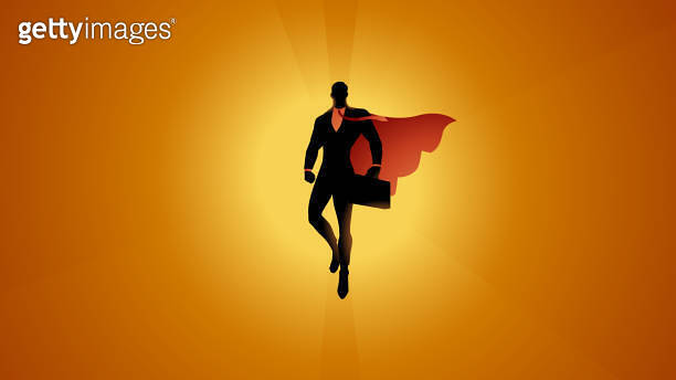 Vector Superhero Businessman Levitating in Air with Sun in The ...
