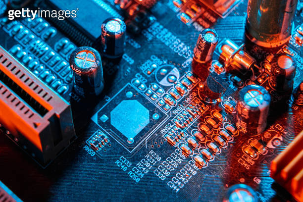 Electronic components on a printed circuit board. Resistor, inductor ...