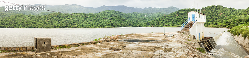 Dam and white watchtower the lake Da Hang in Vietnam panorama ...