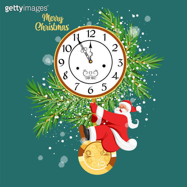 Merry Christmas. Santa Claus. a vector image. the time is on the clock ...