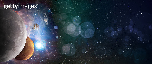 Bokeh background with stars and solar system planets. Sci-fi space ...