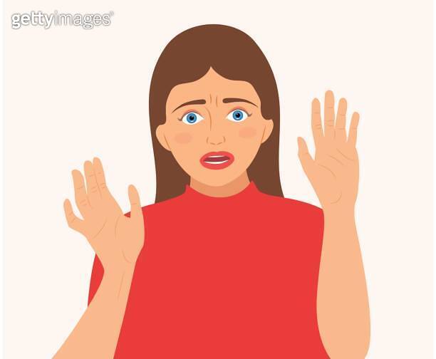 Portrait of scared, panicked woman with horror face and two hand ...