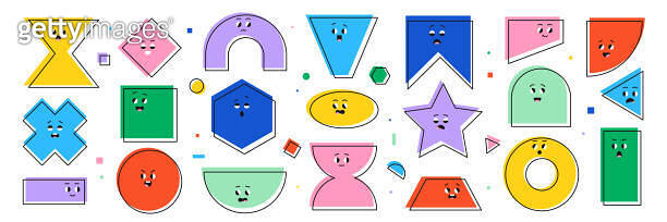 Geometric character shapes with face emotions, different cartoon basic ...