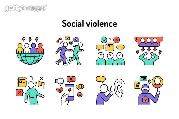 Social violence color line icons set. Harassment, social abuse and ...