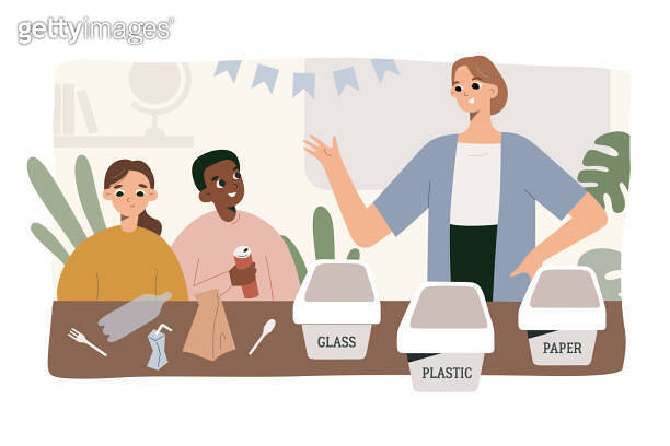 Waste sorting at school. Happy children sorting garbage with teacher in ...