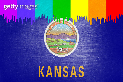 Paint (in the colors of the rainbow flag) is dripping over the state ...