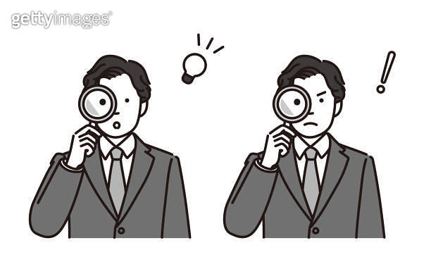black and white illustrations of a businessman looking through a ...