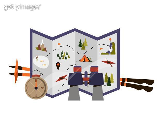 Set with hiking and camping map, binoculars, trekking poles and compass ...
