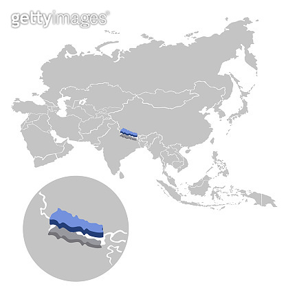 Nepal in blue on the grey model of Asia map with zooming replica of ...