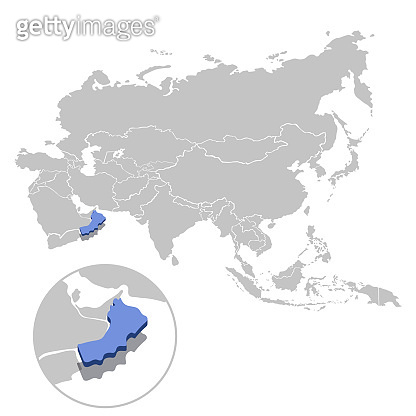 Oman in blue on the grey model of Asia map with zooming replica of ...