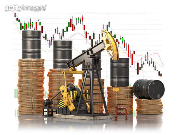 Oil barrels on stacks of golden coins and oil pump jack with market ...