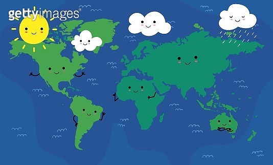 Bright illustrated map of the world with kawaii cute continents, sun ...