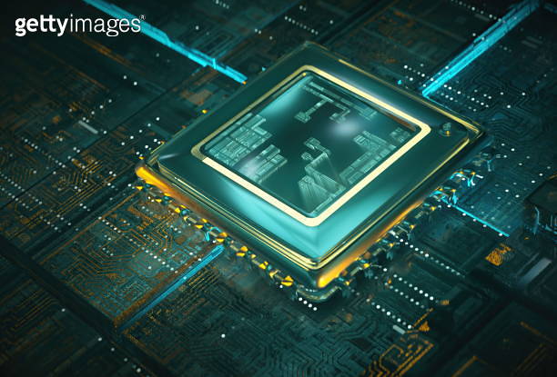 Futuristic microchip processor with lights on the blue and cyan ...