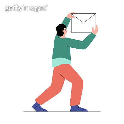 Man sending letter in huge envelope, flat cartoon vector illustration ...