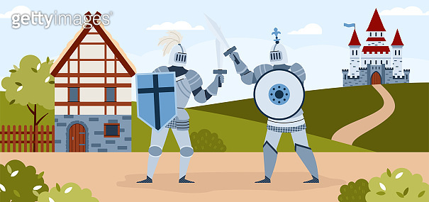Medieval knights tournament horizontal background, flat vector ...