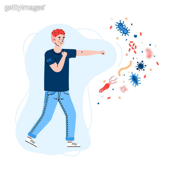 Man fighting with viruses, bacteria with help healthy and strong immune ...