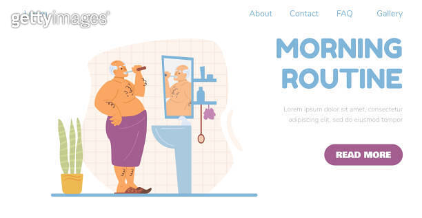 Morning routine banner with elderly man in bathroom, flat vector ...
