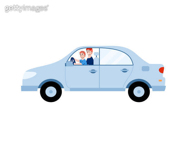 Car with father teaching his boy child to drive, cartoon vector ...