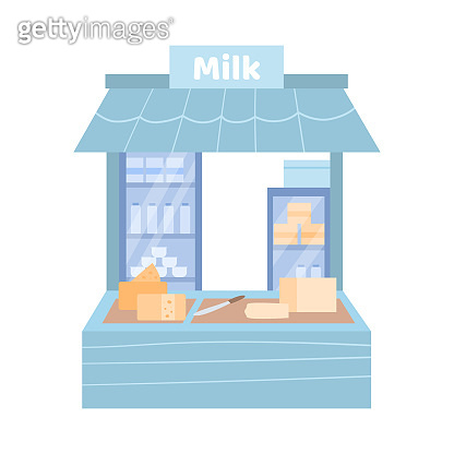 Fairground stall with dairy farm products, cartoon vector illustration ...