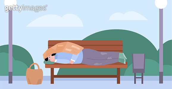 Homeless poor person sleeping on street bench outdoor a vector ...