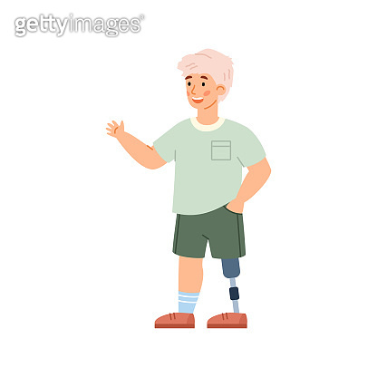 Cute disabled boy with prosthetic limb, cartoon vector illustration ...