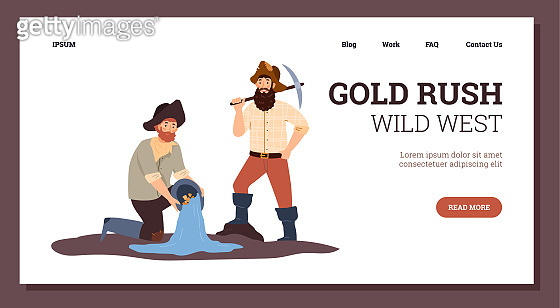 Gold rush website banner with gold diggers and miners, flat vector ...