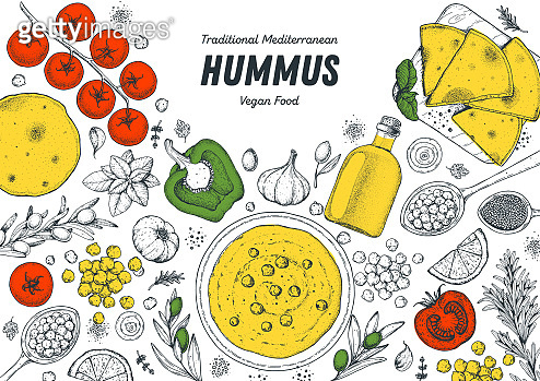 Hummus cooking and ingredients for hummus, sketch illustration. Middle ...