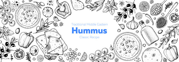 Hummus cooking and ingredients for hummus, sketch illustration. Middle ...