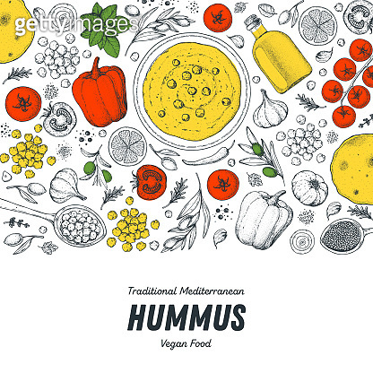 Hummus cooking and ingredients for hummus, sketch illustration. Middle ...
