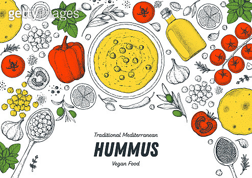 Hummus cooking and ingredients for hummus, sketch illustration. Middle ...