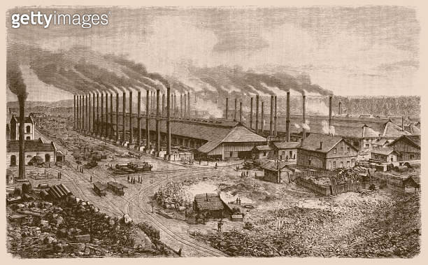 Volklinger Hutte ironworks. 19th century engraving of part of the ...