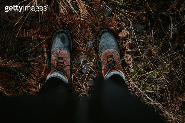Hiking outdoors boots from above personal perspective of outdoors ...