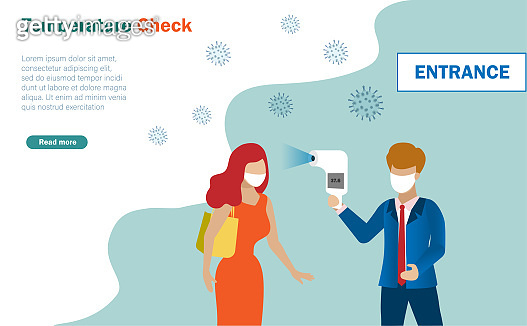 Man using infrared thermometer checking temperature of customer at ...